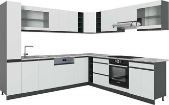 Vicco Eckk&uuml;che R-Line, K&uuml;chenzeile in L-Form, Wei&szlig;/Anthrazit, 257 x 277 cm J-Shape, AP Marmor