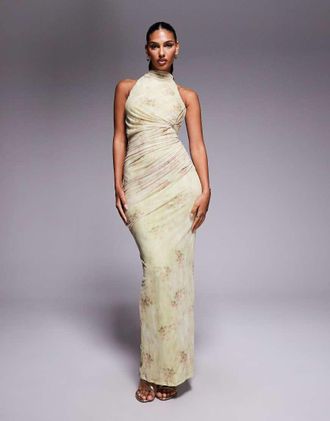 Asos Robe dos-nu longue en tulle imprimé fleuri avec encolure nouée au dos et détail torsadé sur le buste-Multicolore