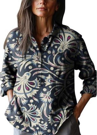 Generico Chemise Femme &Eacute;l&eacute;gant &agrave; Manches Longues Chemisier en Lin Coton D&eacute;contract&eacute; Grande Taille T Shirt Col en V L&eacute;ger Chemises Vintage Imprim&eacute; avec Boutons 