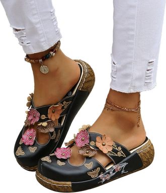 Onsoyours Damen Clogs Sommer Hausschuhe Atmungsaktiv Strand Sandalen Schuhe Bequem Plateau Sandalen Outdoor Pantoletten rutschfest Gartenschuhe C Schwarz 43 EUA