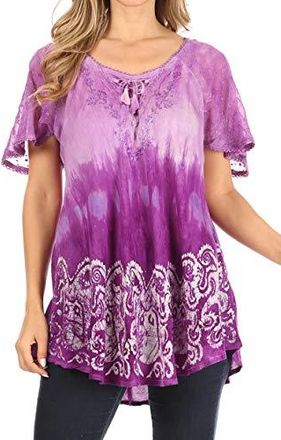 Sakkas TS-2209 - Tunique Haut de Chemisier en Dentelle &agrave; Manches Courtes Corset &eacute;vas&eacute; d&eacute;contract&eacute; pour Femmes Petra - 2211-Violet - OS