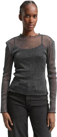 Tom Tailor Damen 1048978 Mesh Langarmshirt mit Glitzer-Effekt, 39234-Black with Silver, XXL