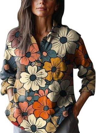 Generico Chemise Femme d&Eacute;t&eacute; &Eacute;l&eacute;gant Manches Longues Chemises en Lin Coton Curvy Respirant Chemisier Col en V Classique Blouse Vintage Fantaisie avec Boutons Do