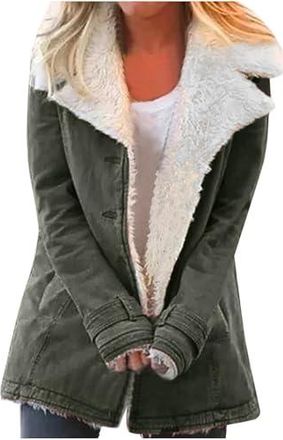 Generic Veste chaude doublée en peluche avec col à revers pour femme, manteau chaud doublé en fausse fourrure, manteau chaud dhiver coupe-vent, vert militaire