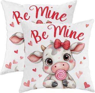 Generic Kuh, Niedlich, Verspielt, Herzen, Schleife, Rot Kissenbezug Quadratische Kissenh&uuml;lle Atmungsaktiv Sofakissen F&uuml;r Heimdekoration Balkon Sofa 45X45Cm 2E
