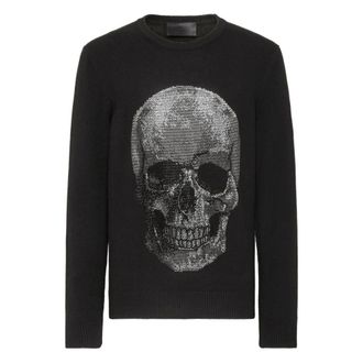 Philipp Plein Homme, Pulls, Noir, Taille: 4XL Cashmere Pullover Round Neck LS Iconic Plein with Crystals