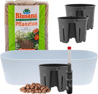 Leni Flori Jardiniere Blumentopf Sky/Pastell hellblau l&auml;nglich 36 cm Hydrokultur-Komplett-Set mit &Uuml;bertopf Hydro-T&ouml;pfen Wasserstandsanzeiger & Pflanzton