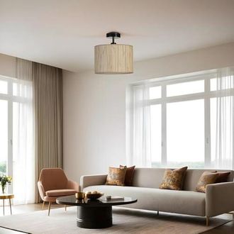 Opviq Elegant Metal Chandelier with Bamboo Cap, 30 cm Diameter, 30 cm Height | E27 Socket, Max 40W | Stylish Oak & Black Design for Modern Spaces