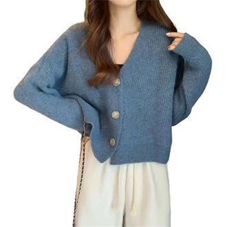 Generic Cardigan cor&eacute;en vert &agrave; manches longues et col en V pour femme, bleu, Taille XS