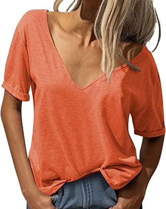 Generic T-Shirts Et Tops De Sport Femme Grandes Tailles, Haut Ete DéColleté en V Profond-Tunique Femme Chic Et Elegant LâChe LéGer Et Respirant Chemises Loisi