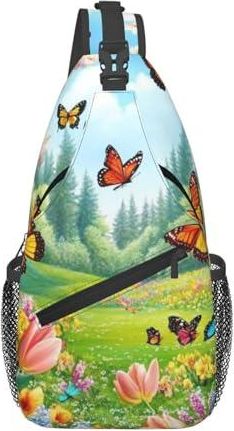 Generic Sac &agrave; dos &agrave; bandouli&egrave;re motif papillons et oiseaux dans la prairie printani&egrave;re, sac &agrave; dos de voyage pour homme, sac &agrave; dos de randonn&eacute;e