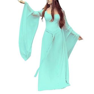 Generic Robe m&eacute;di&eacute;vale &agrave; manches longues en mousseline de soie pour femme - Couleur unie, Vert, XXL