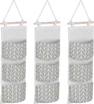Relaxdays Hängeorganizer, 3 Fächer, Baumwolle, HxB: 74x20 cm, Wandorganizer Bad, Flur, Büro, Hängeaufbewahrung, grau