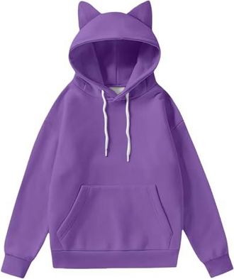 Generic Sweatshirts d&eacute;contract&eacute;s pour femme - Coupe ample - Chandail &agrave; capuche l&eacute;ger pour femme - Joli chapeau &agrave; oreilles de chat avec poche et cordon de serr