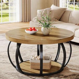 Tribesigns Tribesigns Table basse ronde, table basse industrielle &agrave; 2 niveaux avec &eacute;tag&egrave;res de rangement, accent moderne en bois central, table dappoint pour