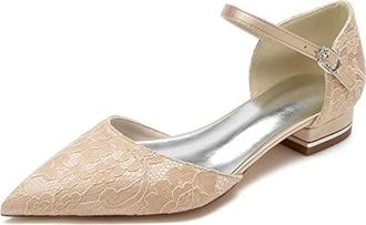 Generic Chaussures De Mariage Mari&eacute;e Dentelle Femmes Bride Cheville Ballerines Ferm&eacute; Toe Bout Pointu Demoiselle dhonneur Plates 2.5Cm,Champagne,42 EU