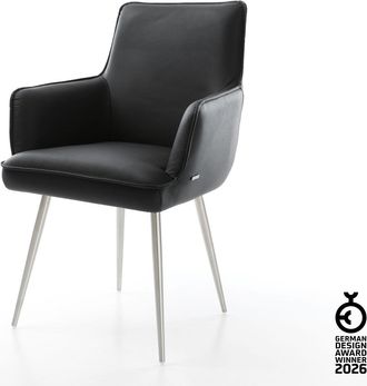 DELIFE Esszimmerstuhl Heira-Flex mit Armlehnen Echt-Leder Schwarz 4-Fu&szlig; konisch Edelstahl Taschenfederkern, Esszimmerst&uuml;hle