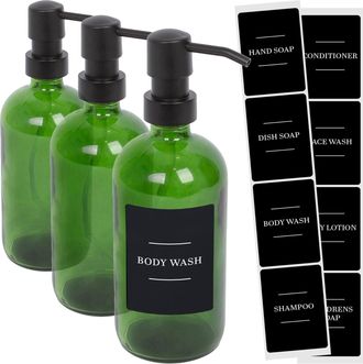 Harbour Housewares 3X Seifenspender aus Glas mit Etiketten - 500ml - Grün - Badezimmer Küche Shampoo Duschgel Flüssig Handwäsche Schaum Pumpe Flasche