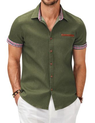 Coofandy Herren Hemd Kurzarm Jeanshemd Slim Fit Baumwolle Vintage Freizeithemd Sommer Hemden F&uuml;r Herren Arbeitshemden Button Down Shirt Armeegr&uuml;n XXL