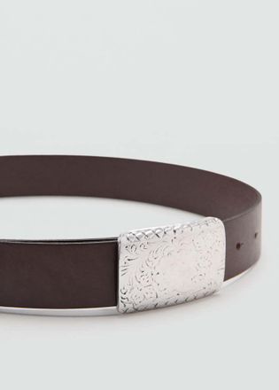 Mango Ceinture cuir boucle grav&eacute;e chocolat - Femme - S - MANGO