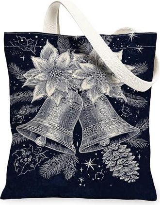 Generic Sacs fourre-tout en toile avec cloches de No&euml;l, motif floral poinsettia, sacs d&eacute;picerie r&eacute;utilisables, rustiques, l&eacute;gers, lavables, bleu marine, 13x15