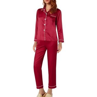 Generic Pyjama en satin de soie pour femme - Ensemble de pyjama en satin noir pour femme - Ensemble de pyjama soyeux long &agrave; boutons - Ensemble de pyjama soyeu