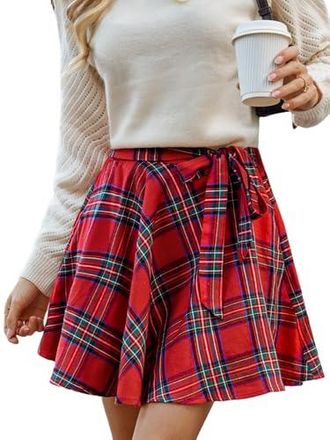 Cupshe Mini jupe trap&egrave;ze &agrave; carreaux, pour femme, jupe en tricot tendance, polyvalente pour lautomne et lhiver, rouge, XL