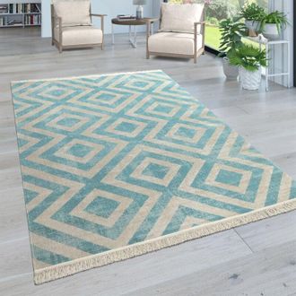 Paco Home Paco Home - Tapis Int&eacute;rieur & Ext&eacute;rieur Tiss&eacute; &agrave; Plat Motif Losanges Moderne Pour Terrasse Et Balcon 160x220 cm, Bleu-Blanc