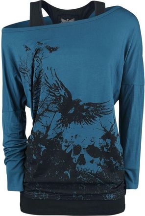 Black Premium by EMP Damen schwarz-blaues Langarmshirt im Double-Layer-Look XXL