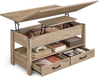 Vasagle Table Basse, Table de Salon Relevable, V&eacute;rin &agrave; Gaz, 2 Tiroirs et 3 Compartiments sous Le Plateau, 1 Compartiment Ouvert, pour Salon, Bureau, Marron
