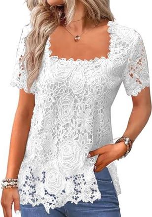 Generic T-shirt en dentelle pour femme - &Eacute;l&eacute;gant - Col carr&eacute; - Haut en dentelle - Manches courtes - T-shirt basique - Vacances - Tunique - Hauts d&eacute;t&eacute; d&eacute;contra