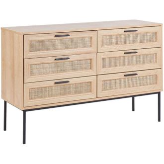 Beliani Kommode Heller Holzfarbton Schwarze Metallbeine und Handgriffe 120 x 40 x 77 cm Boho Stil Sechs Rattan Schubladen Schlafzimmer Wohnzimmer Flur