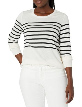 Amazon Essentials Damen Leichter, Lang&auml;rmeliger Pullover Mit Rundhalsausschnitt (Erh&auml;ltlich in &Uuml;bergr&ouml;&szlig;e), Schwarz Wei&szlig; Platzierter Streifen, L