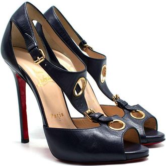 Christian Louboutin Black Leather Peep-Toe T-Strap Heels with Gold Hardware Size 37.5