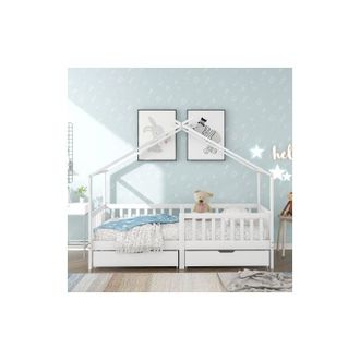 Liberte Lit cabane pour enfant, avec 2 tiroirs, en bois avec rembardes et sommier &agrave; lattes, blanc (200x90 cm) - Libert&eacute;