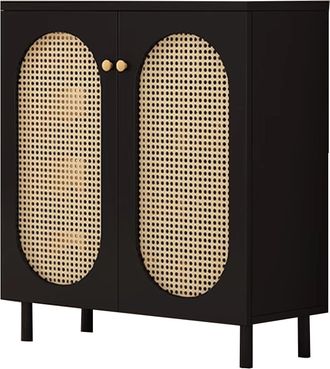 Generic Schuhschrank mit Sitzbank Rattan-Imitat-Türen Shoe Cabinet 35cm Zusätzlicher Stauraum 1,6cm E1-Holz Shoe Rack für Porch, Wohnzimmer, Schlafzimmer(Blac