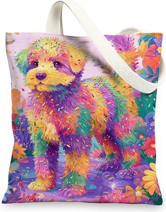 Generic Sacs fourre-tout en toile colorés, motif animal ludique, sacs dépicerie réutilisables, artistiques, légers, lavables à lépaule Stra, coloré, 13x15 Inc