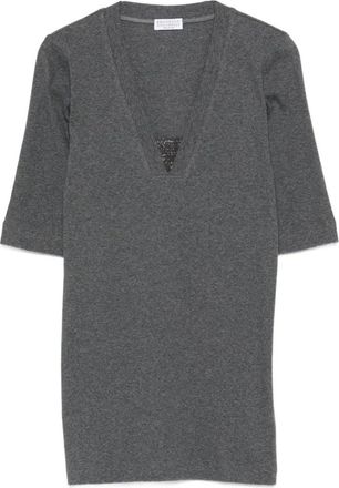 Brunello Cucinelli Femme, Pulls, Gris, Taille: 42 FR Top en maille &agrave; col en V et d&eacute;tails de sequins