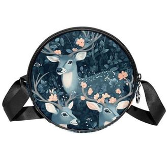 Generic Sac &agrave; bandouli&egrave;re rond pour femme, motif cerf givr&eacute;, petit sac &agrave; dos &agrave; bandouli&egrave;re avec fermeture &eacute;clair, bretelles r&eacute;glables, sac &agrave; main rond d&eacute;contr