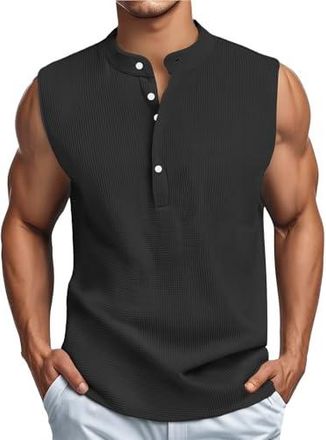 Generic D&eacute;bardeur basique pour homme - T-shirt d&eacute;t&eacute; Henley - D&eacute;contract&eacute;e - Sans manches - L&eacute;g&egrave;re et douce - Extensible - Col en V - Bouton - Pour le fitness 