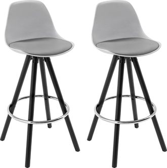 Woltu BH122gr-2 2 x Barhocker 2er Set Barstuhl aus Kunstleder Holzgestell mit Lehne + Fu&szlig;st&uuml;tze Design Stuhl K&uuml;chenstuhl optimal Komfort Schwarze Beine Grau