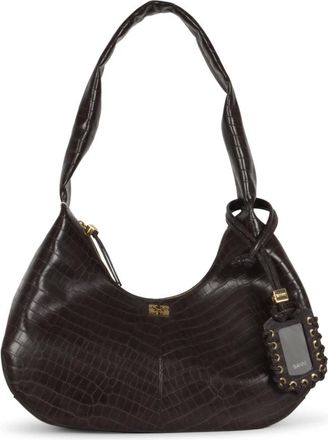 Ganni Femme, Sacs, Brun, Taille: ONE Size Croco Medium Hobo Bag