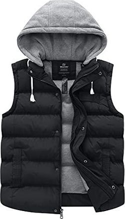 Wantdo Homme Veste sans Manches à Capuche Gilet Rembourré en Coton à Capuche Détachable Manteau sans Manche Chaud Noir X-Large