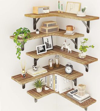 Yagosodee 5 St&uuml;ck Schweberegal f&uuml;r Ecken,Schweberegal aus Massivholz,L-f&ouml;rmiges Eckregal,Origalen HolzmasserungWandregale Regalbrett Regale,Rustikale Holzeck-Wa