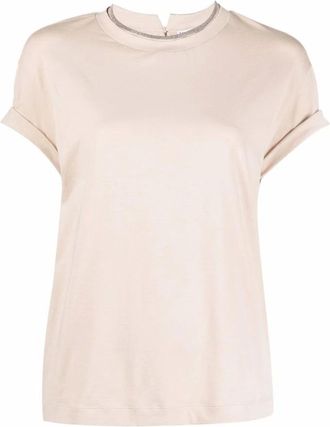 Brunello Cucinelli Femme, Tops, Beige, Taille: 36 FR T-shirt &agrave; Col Orn&eacute;