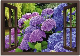 Artland Wanddeko Leinwand Bilder Wandbild 100x70 cm Fensterblick Hortensien im Garten T5QA