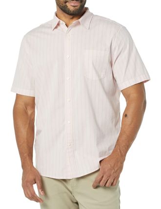 Amazon Essentials Herren Kurzarm-Hemd aus Stretch-Popeline (in &Uuml;bergr&ouml;&szlig;en erh&auml;ltlich), Rosa Streifen, XL