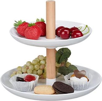Relaxdays Etagere, 2 Etagen, Kunststoff & Holz, runder Servierständer, HxD 19x21 cm, Cupcake Ständer, modern, weiß/Natur