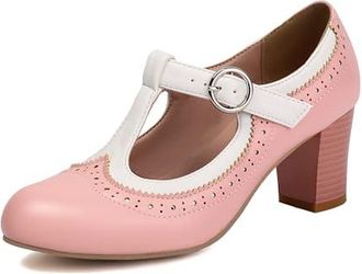 Generic Femmes Bout Rond PU Leather Mary Janes T-Sangle Vintage Brogues avec Boucle Talon Bloc Chaussures De Bal De Fête,Rose,38.5 EU
