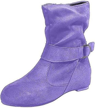 Generic Bottines pour femme - Large mollet - Style d&eacute;contract&eacute; - &Eacute;l&eacute;gantes - Couleur unie - Boucle r&eacute;tro - Fermeture &eacute;clair lat&eacute;rale - Confortable - &Agrave; enfiler